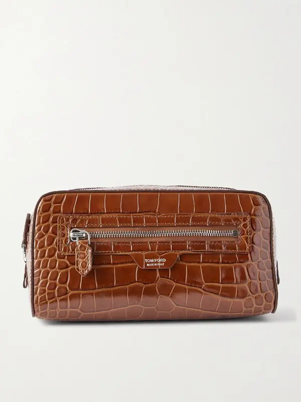 TOM FORD Croc-effect Leather Wash Bag - Brown