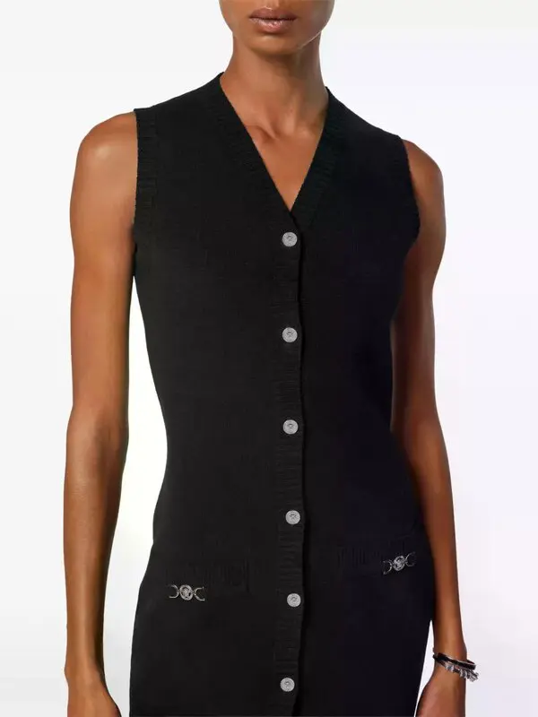 Versace Sleeveless V-neck Button-front Midi Dress With Medusa '95 Hardware