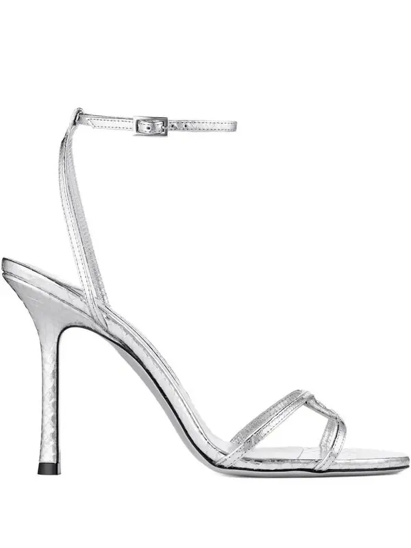 JIMMY CHOO Leo 100 Metallic Leather Sandals - Silver