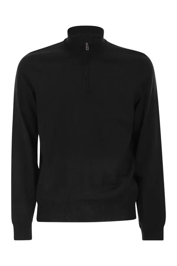 BOSS Virgin Wool Jumper With Zip Collar - Black