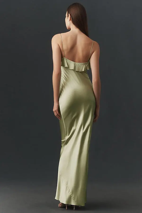 De La Vali Esperanza Ruffled Silk Satin Maxi Dress - Green - 30% Off |  Editorialist