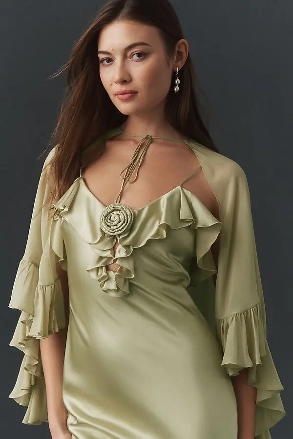 Esperanza Ruffled Silk Satin Maxi Dress by de La Vali in Green, Women's Size: 10