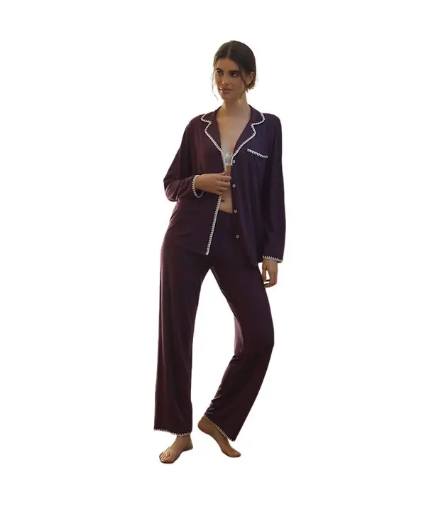Eberjey Frida Long-sleeve Pajama Set - Plum/ivory