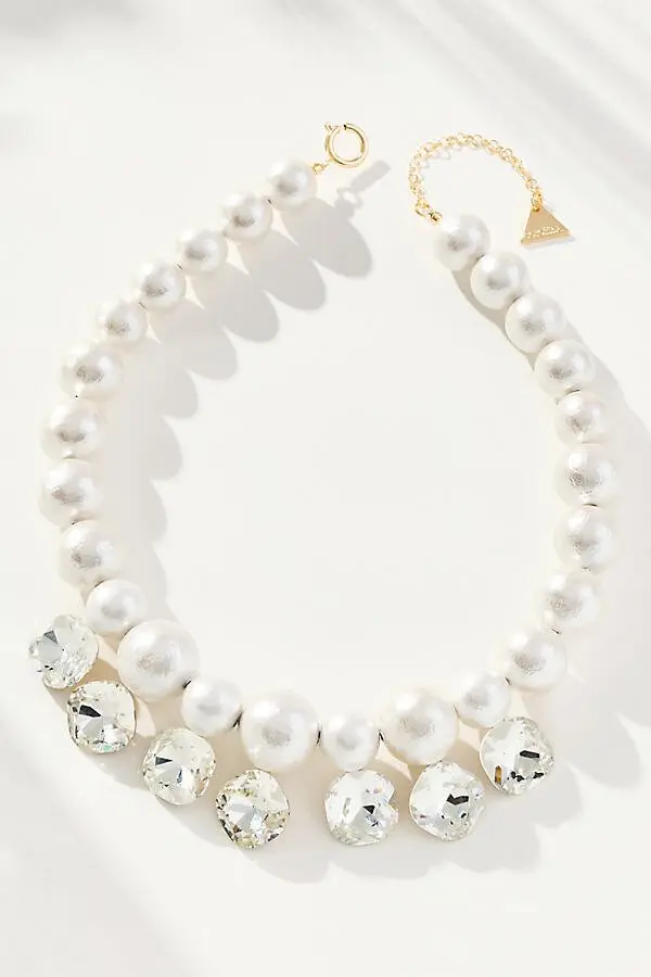 Anthropologie Crystal & Beaded Collar Necklace - Pearl