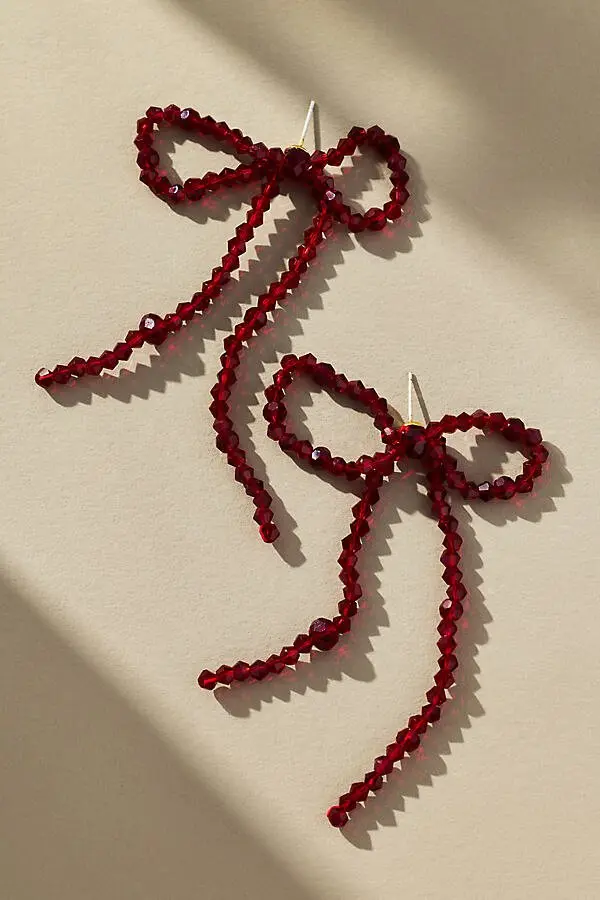 Anthropologie Beaded Bow Statement Earrings - Wine