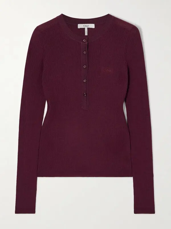 Chloé Silk-trimmed Ribbed Wool Sweater - Burgundy
