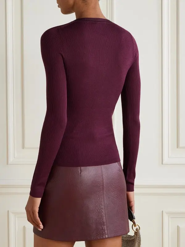 Chloé Silk-trimmed Ribbed Wool Sweater - Burgundy