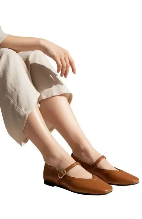MENINA STEP Greta Leather Mary Jane Flat - Cognac