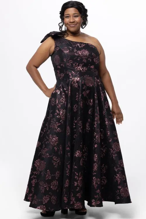 SYDNEY'S CLOSET One Shoulder Brocade Gown With Bow - Rose/black