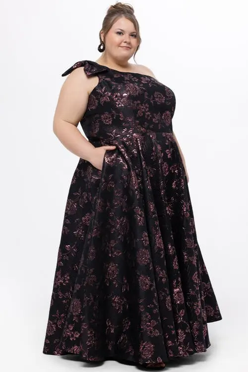 SYDNEY'S CLOSET One Shoulder Brocade Gown With Bow - Rose/black