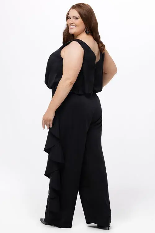 SYDNEY'S CLOSET V-neck Stretch Satin Jumpsuit With Ruffles - Black