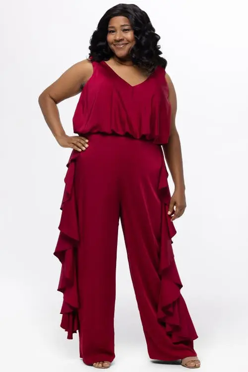 SYDNEY'S CLOSET V-neck Stretch Satin Jumpsuit With Ruffles - Cherry