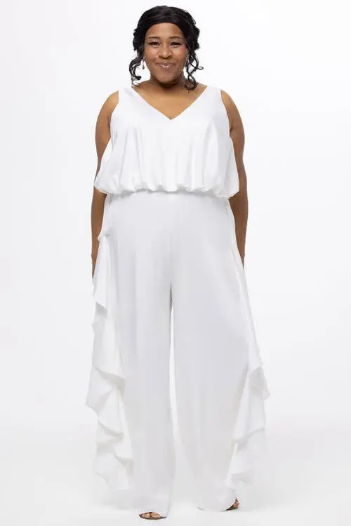 SYDNEY'S CLOSET V-neck Stretch Satin Jumpsuit With Ruffles - Ivory