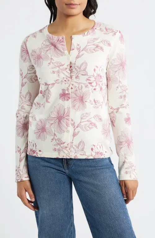 Bobeau Floral Print Fine-gauge Cardigan