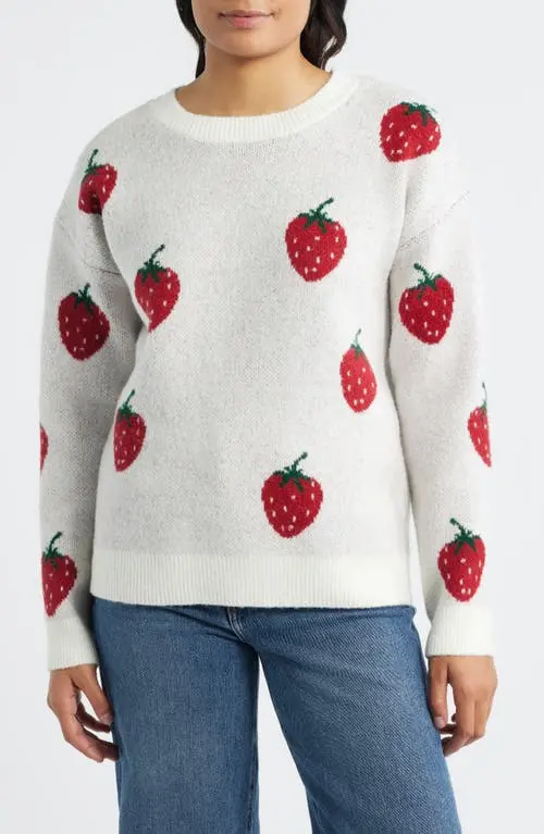 Bobeau Strawberry Jacquard Crewneck Sweater - Ivory/red