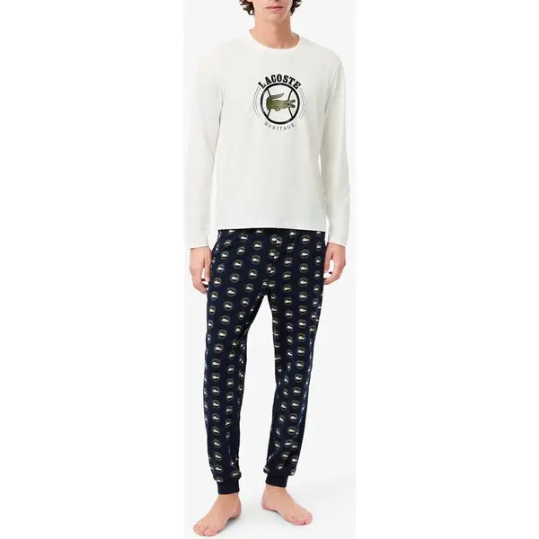 Lacoste Stretch Cotton Pajamas - Flour/navy Blue