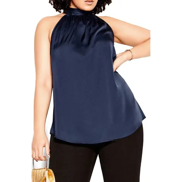 City Chic Sleeveless Satin Top - Navy