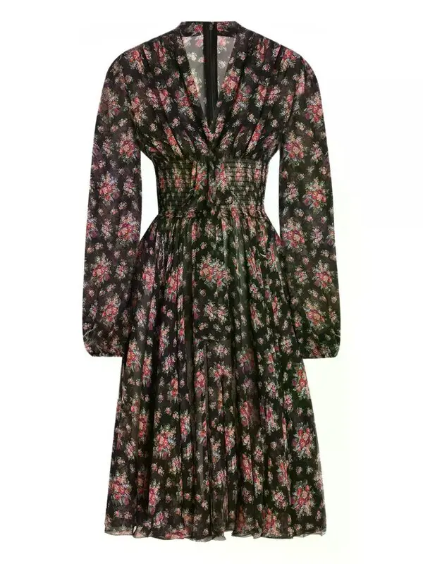 Dolce & Gabbana Floral Long-sleeves Midi Dress - Black