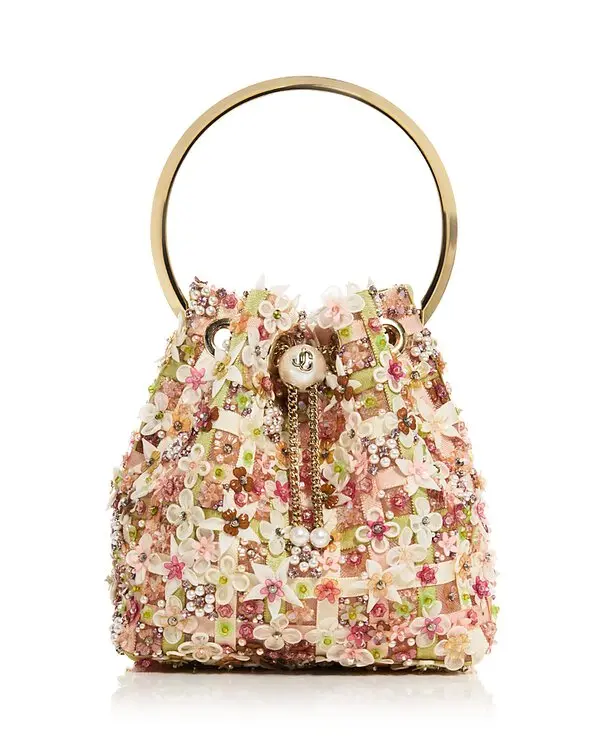 JIMMY CHOO Bon Bon Floral Embroidered Mesh Bucket Bag - Rose Multi