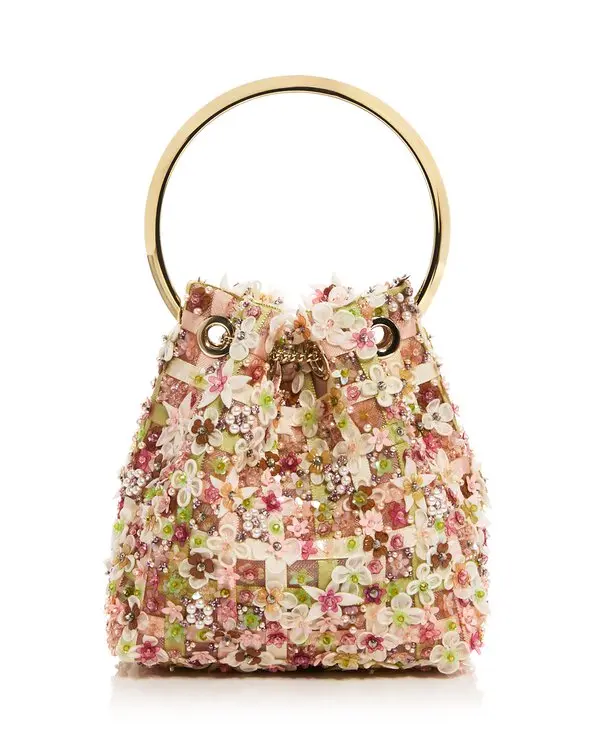 JIMMY CHOO Bon Bon Floral Embroidered Mesh Bucket Bag - Rose Multi