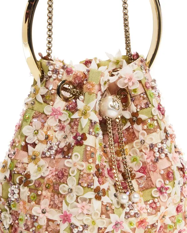 JIMMY CHOO Bon Bon Floral Embroidered Mesh Bucket Bag - Rose Multi