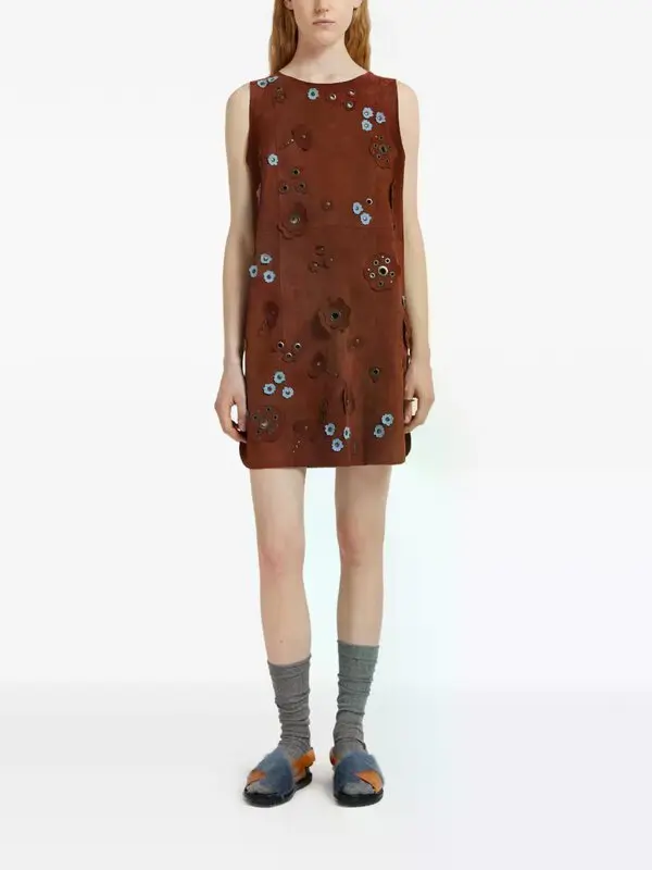 Marni Suede Mini Dress With Daisy Appliqué And Stud Embellishments