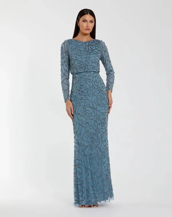 Mac Duggal Long Sleeve Beaded Blouson Gown - Blue