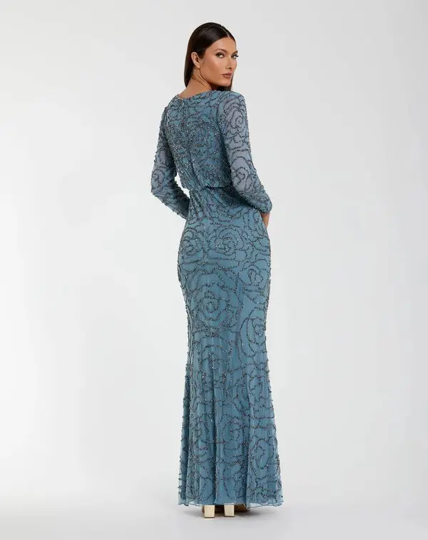 Mac Duggal Long Sleeve Beaded Blouson Gown - Blue