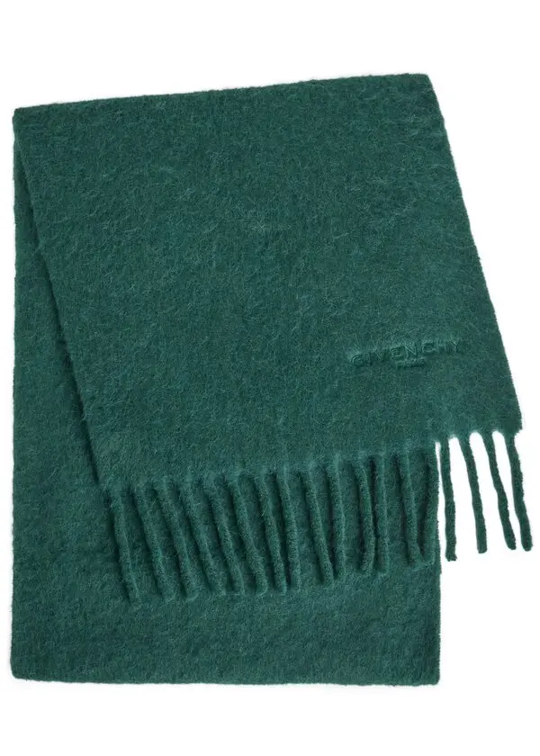 Givenchy Logo-embroidered Fringed Alpaca-blend Scarf - Dark Green