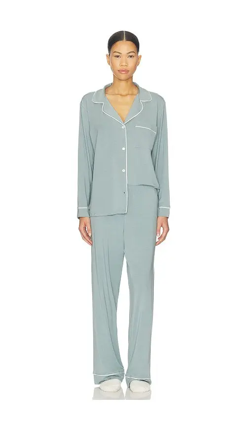 Eberjey Gisele Long Pj Set In Green - Lead & Ivory
