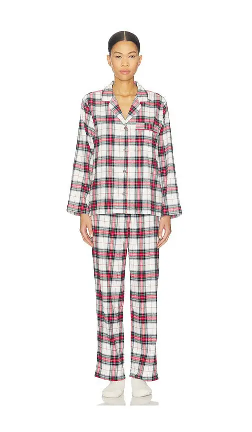 Eberjey Flannel Long Pj Set In Red - Tartan Plaid Ivory & Holly Red