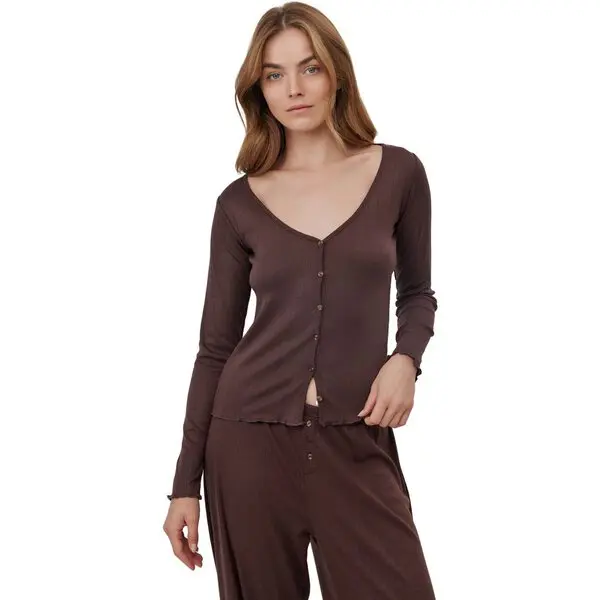 GOTTEX Daydream Pointelle Buttoned Loungewear Top - Brown