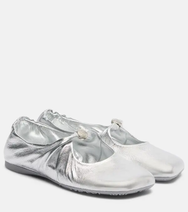 Loewe Pebble Soft Metallic Leather Mary Jane Flats - Silver