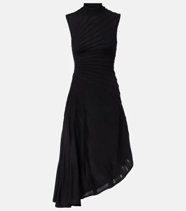 Alaïa Asymmetric Virgin Wool Midi Dress - Black