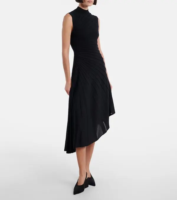 Alaïa Asymmetric Virgin Wool Midi Dress - Black