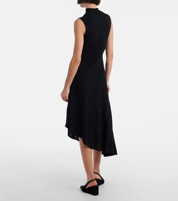 Alaïa Asymmetric Virgin Wool Midi Dress - Black