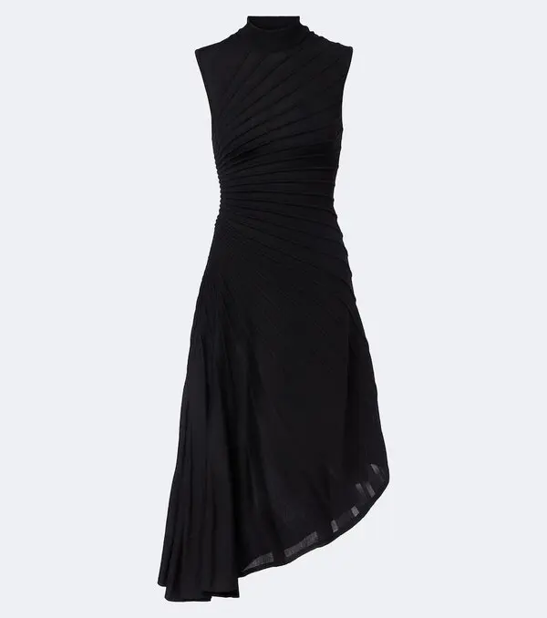 Alaïa Asymmetric Virgin Wool Midi Dress - Black