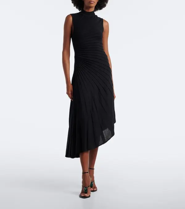 Alaïa Asymmetric Virgin Wool Midi Dress - Black