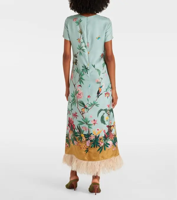 La DoubleJ Swing Feather-trimmed Maxi Dress - Green