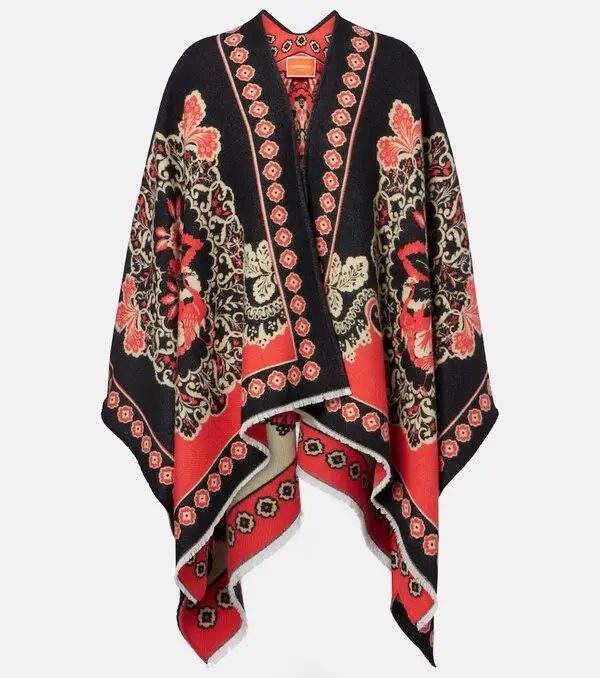 La DoubleJ Soul Printed Wool And Silk Poncho - Black
