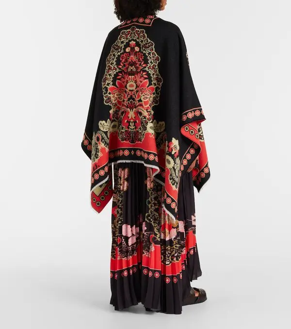 La DoubleJ Soul Printed Wool And Silk Poncho - Black