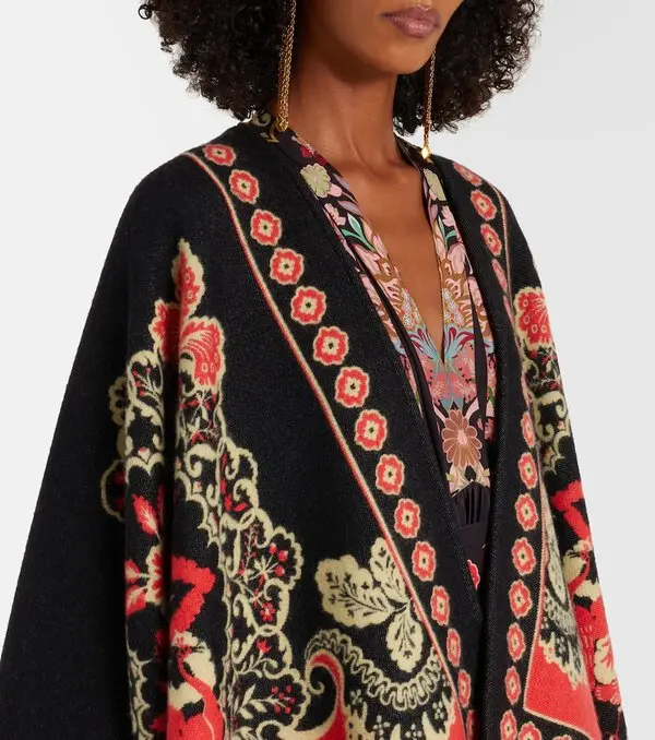 La DoubleJ Soul Printed Wool And Silk Poncho - Black
