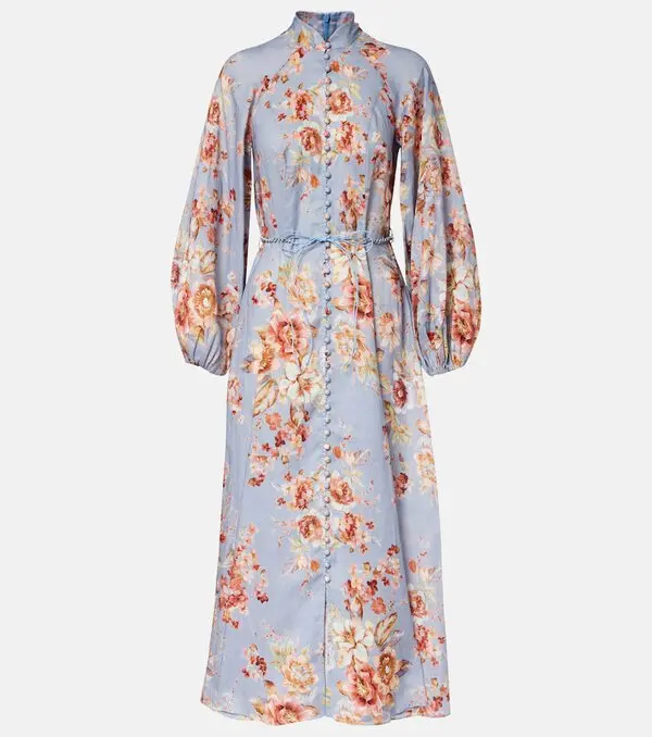 Zimmermann Awaken Floral Linen Midi Dress - Blue