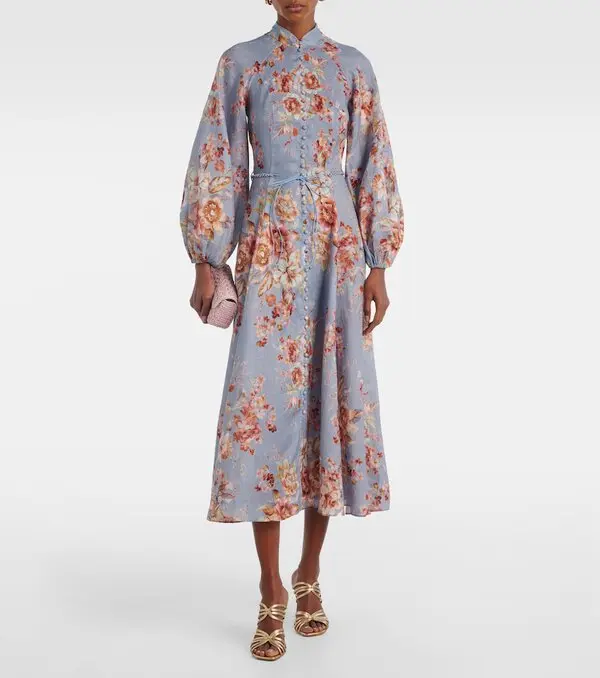 Zimmermann Awaken Floral Linen Midi Dress - Blue