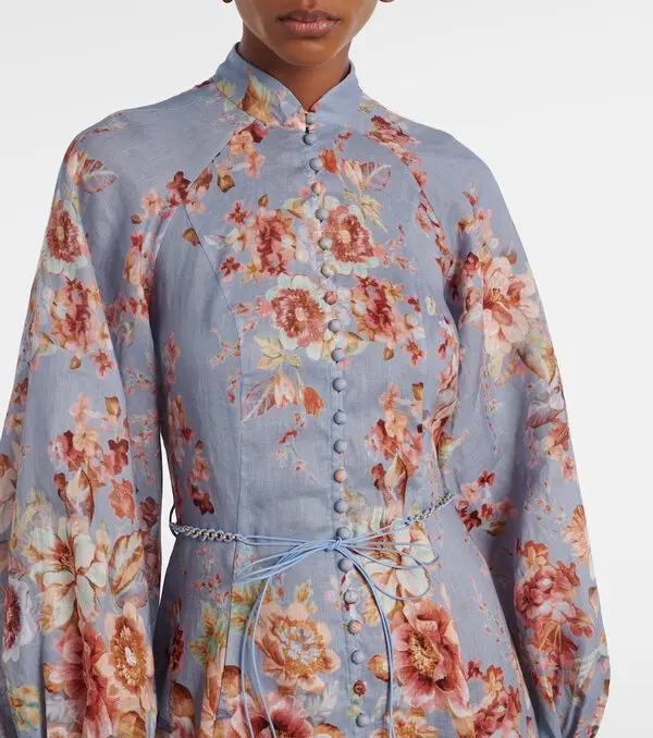 Zimmermann Awaken Floral Linen Midi Dress - Blue