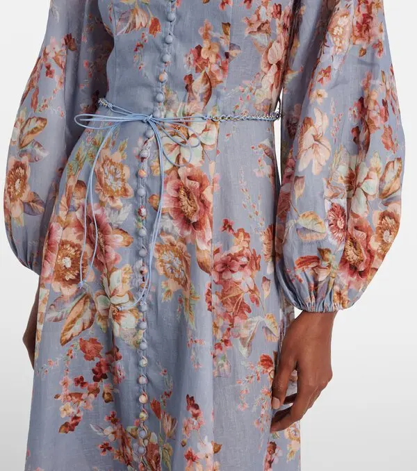 Zimmermann Awaken Floral Linen Midi Dress - Blue