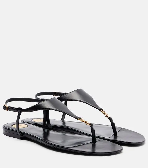 Saint Laurent Cassandre Leather Thong Sandals - Black