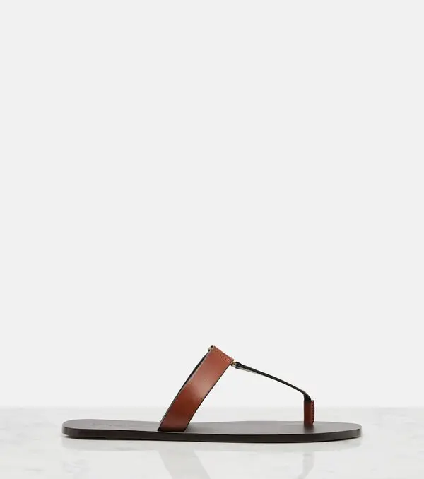 Saint Laurent Cassandre Leather Thong Sandals - Brown
