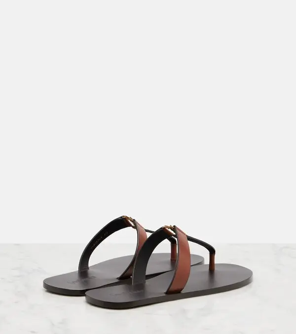 Saint Laurent Cassandre Leather Thong Sandals - Brown