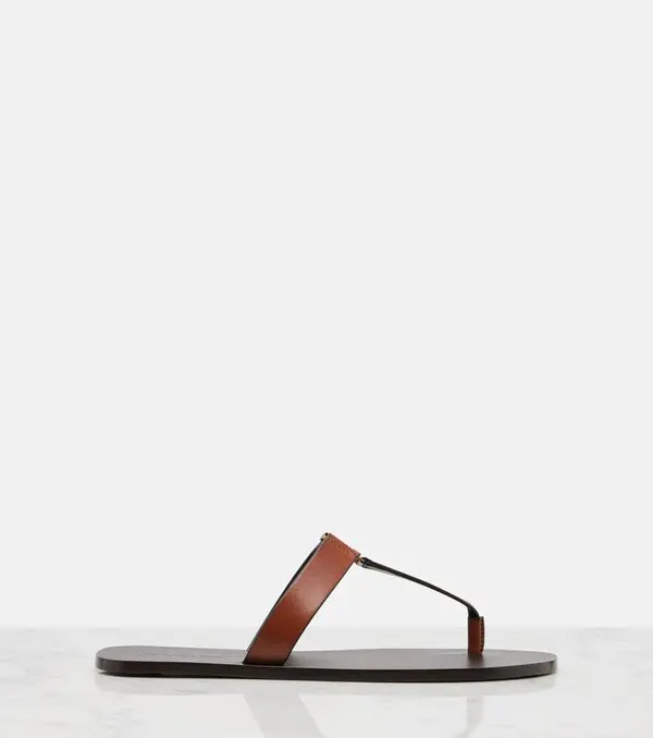 Saint Laurent Cassandre Leather Thong Sandals - Brown